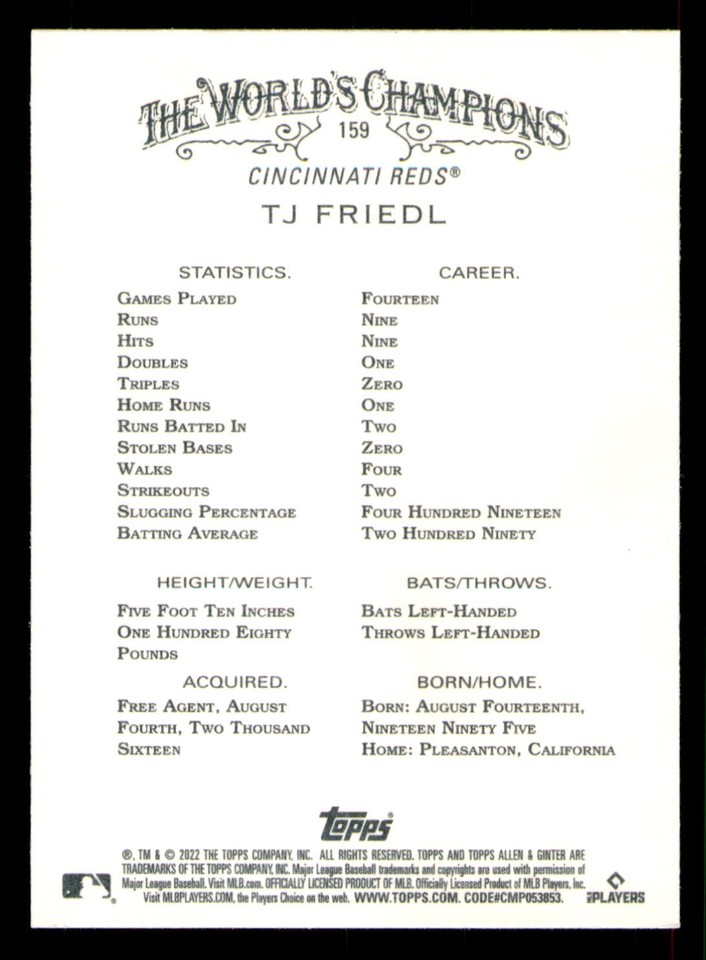 TJ Friedl 2022 Topps Allen & Ginter #159 RC Cincinnati Reds | eBay
