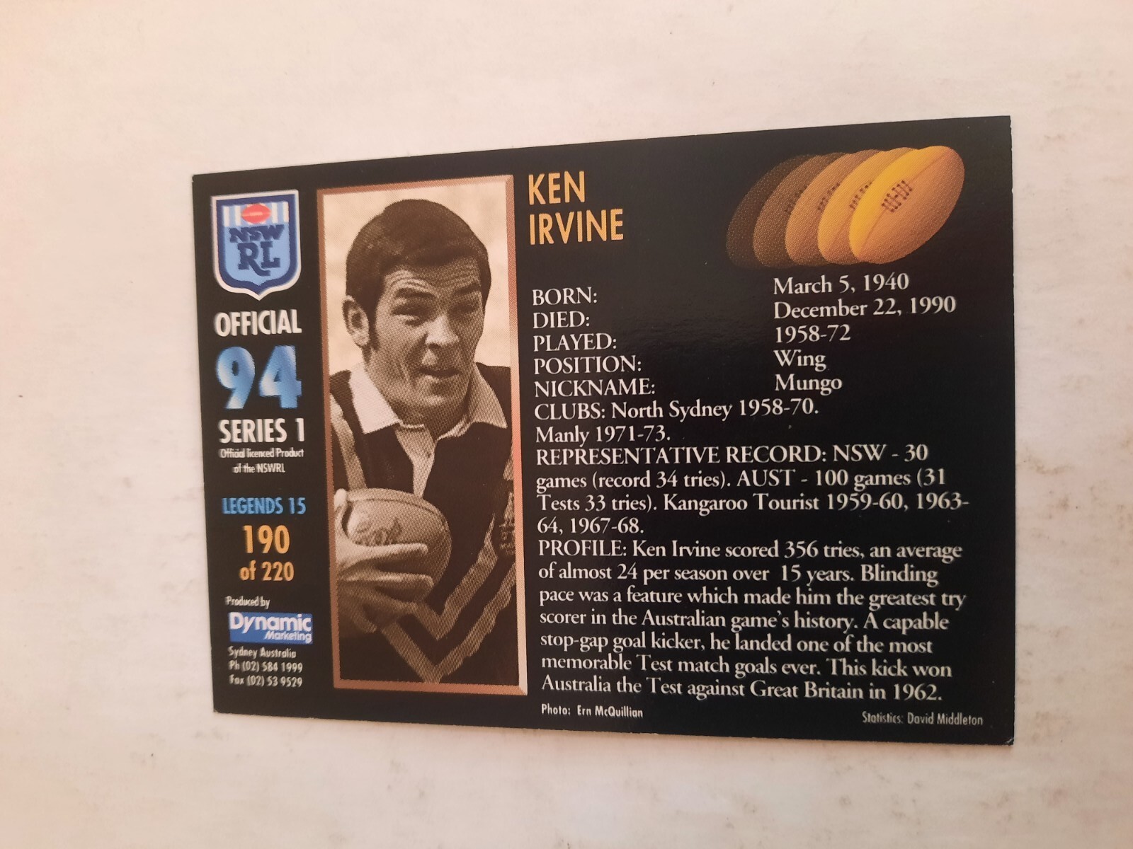 1994 NSWRL Dynamic Series 1 Legends Ken Irvine | eBay Australia