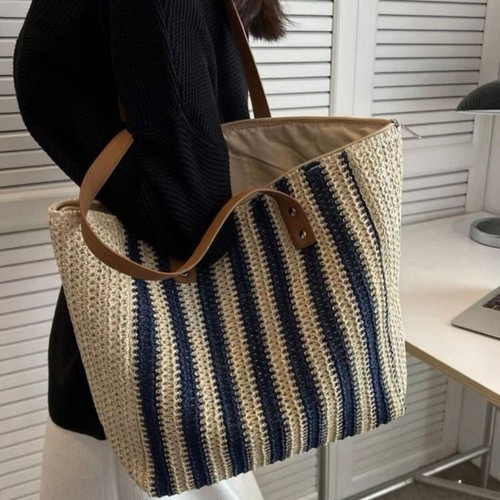 Straw Shopping Bag Striped Tote Bag New Shoulder Bag Women Girls | eBay ...