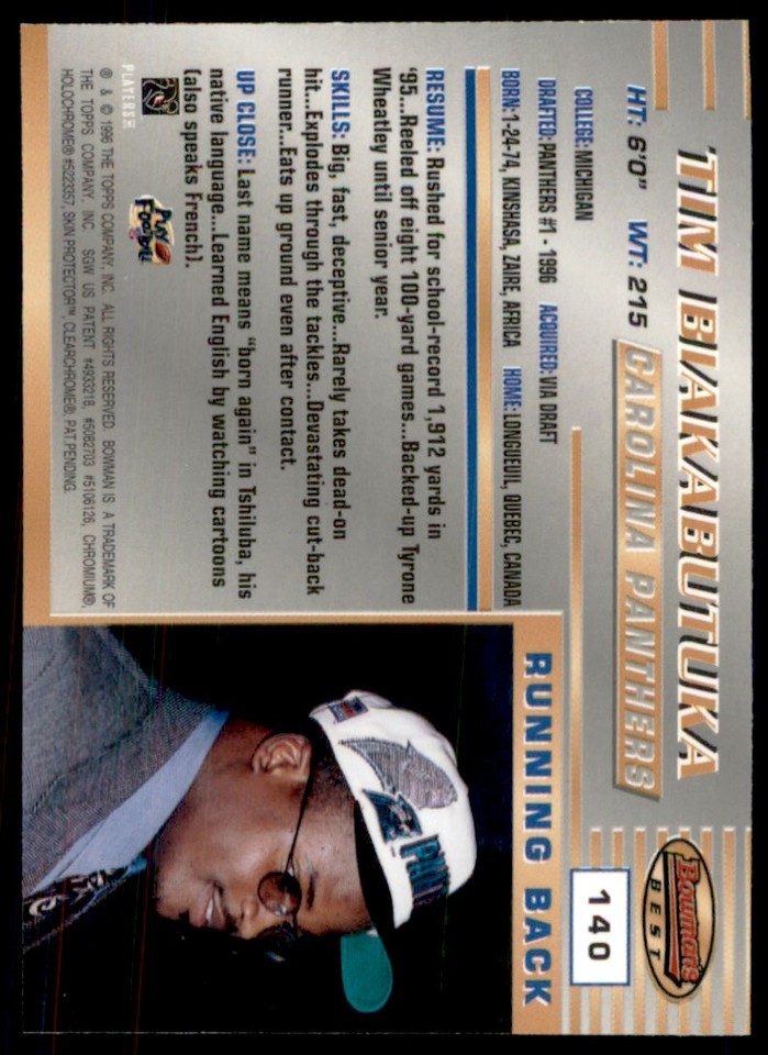 1996 BOWMAN'S BEST TIM BIAKABUTUKA RC CAROLINA PANTHERS #140 | eBay