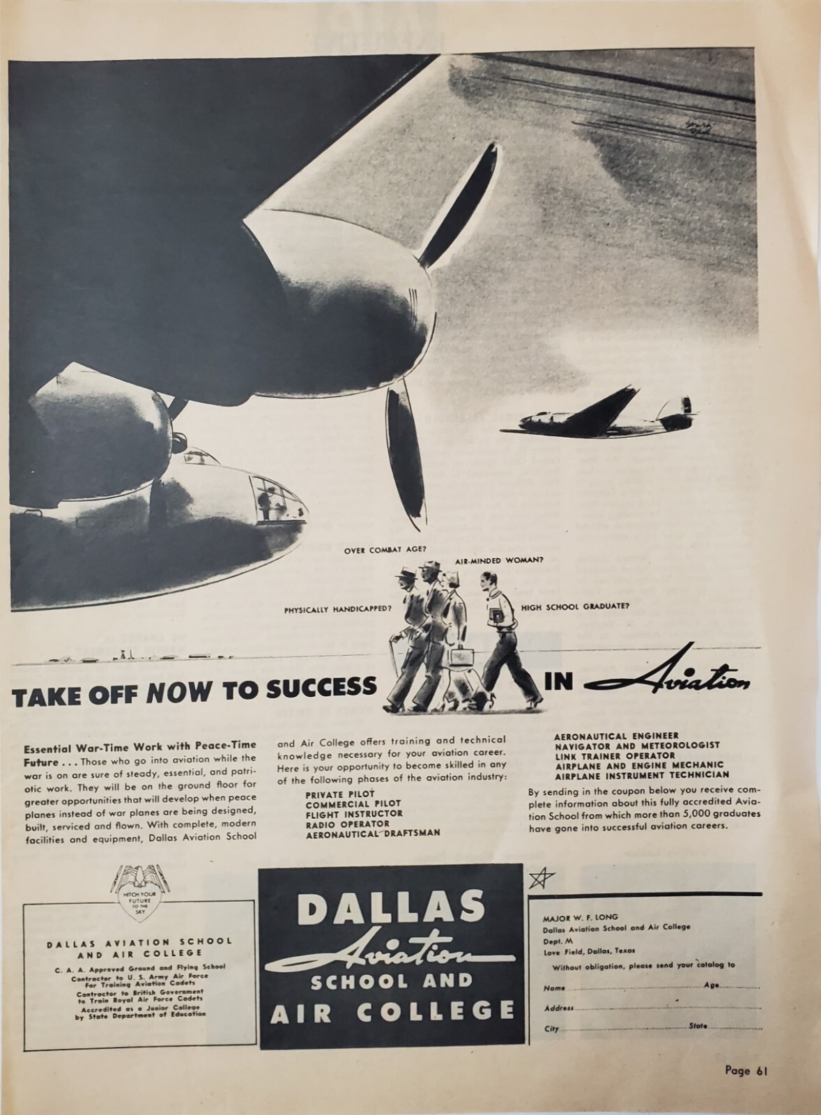 1944 Dallas Aviation School And College Vintage WWII Print Ad Take Off ...