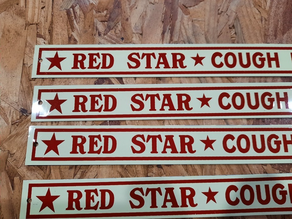 4 SCARCE RED STAR COUGH DROPS 5 CENTS PAINTED METAL STRIP SHELF DRUG ...