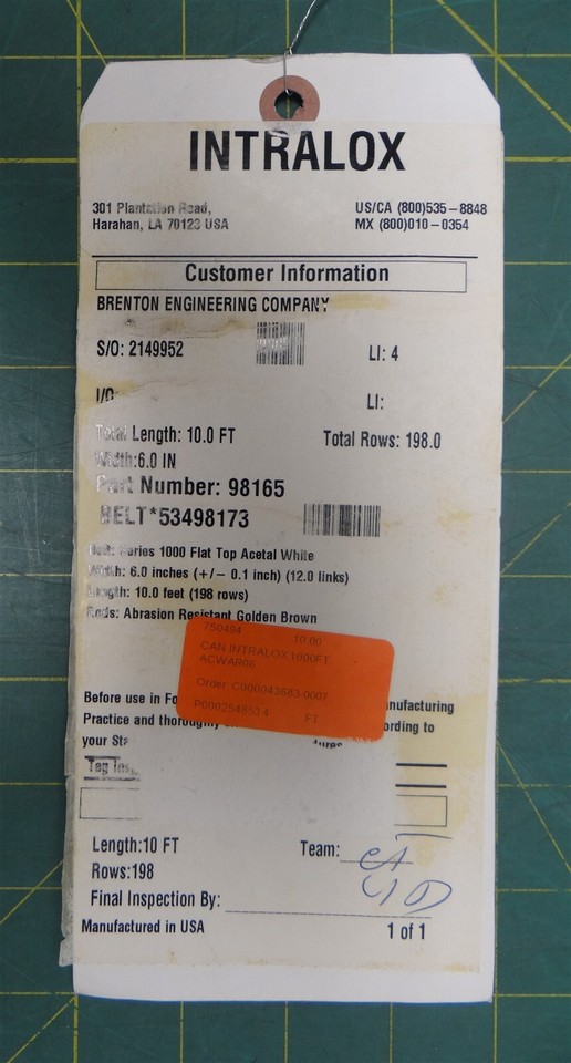 6" Width Intralox Series 1000 Flat Top Conveyor Belt, 10' Length ...