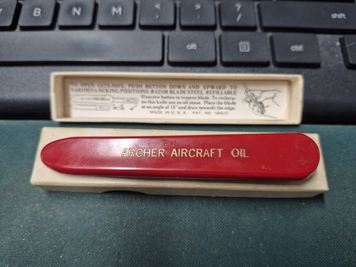 VINTAGE ARCHER AIRCRAFT OIL ADV REFILLABLE GITS-NIFE RAZOR KNIFE W/BOX ...