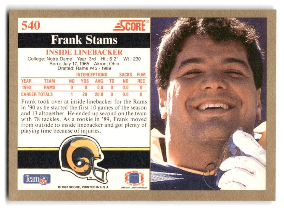 Frank Stams 1991 Score #540 Los Angeles Rams FOOTBALL | eBay