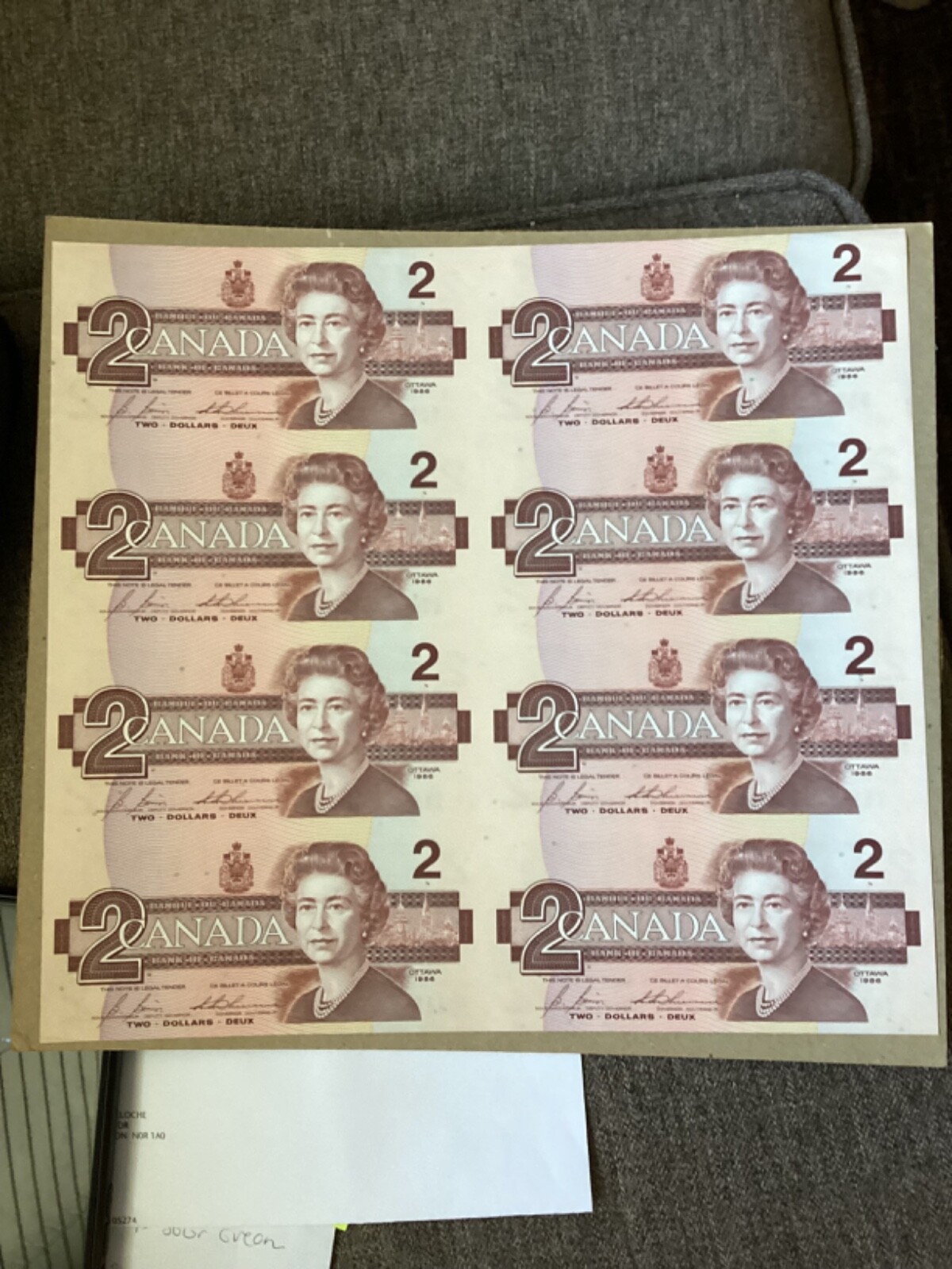 EXTREMELY RARE UNCUT SHEET (8) TWO CANADIAN DOLLAR BILLS. MINT ...