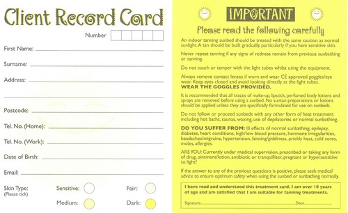 SUNBED TANNING SALON CLIENT APPOINTMENT RECORD CARDS WITH UNDER 18s ...