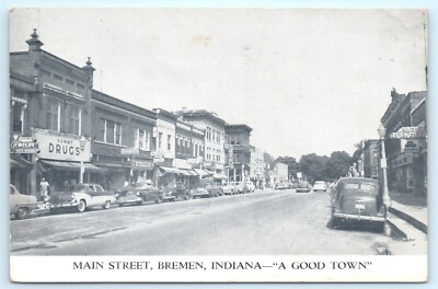 POSTCARD Main Street Bremen Indiana Summy Drugs, Storefronts Old ...