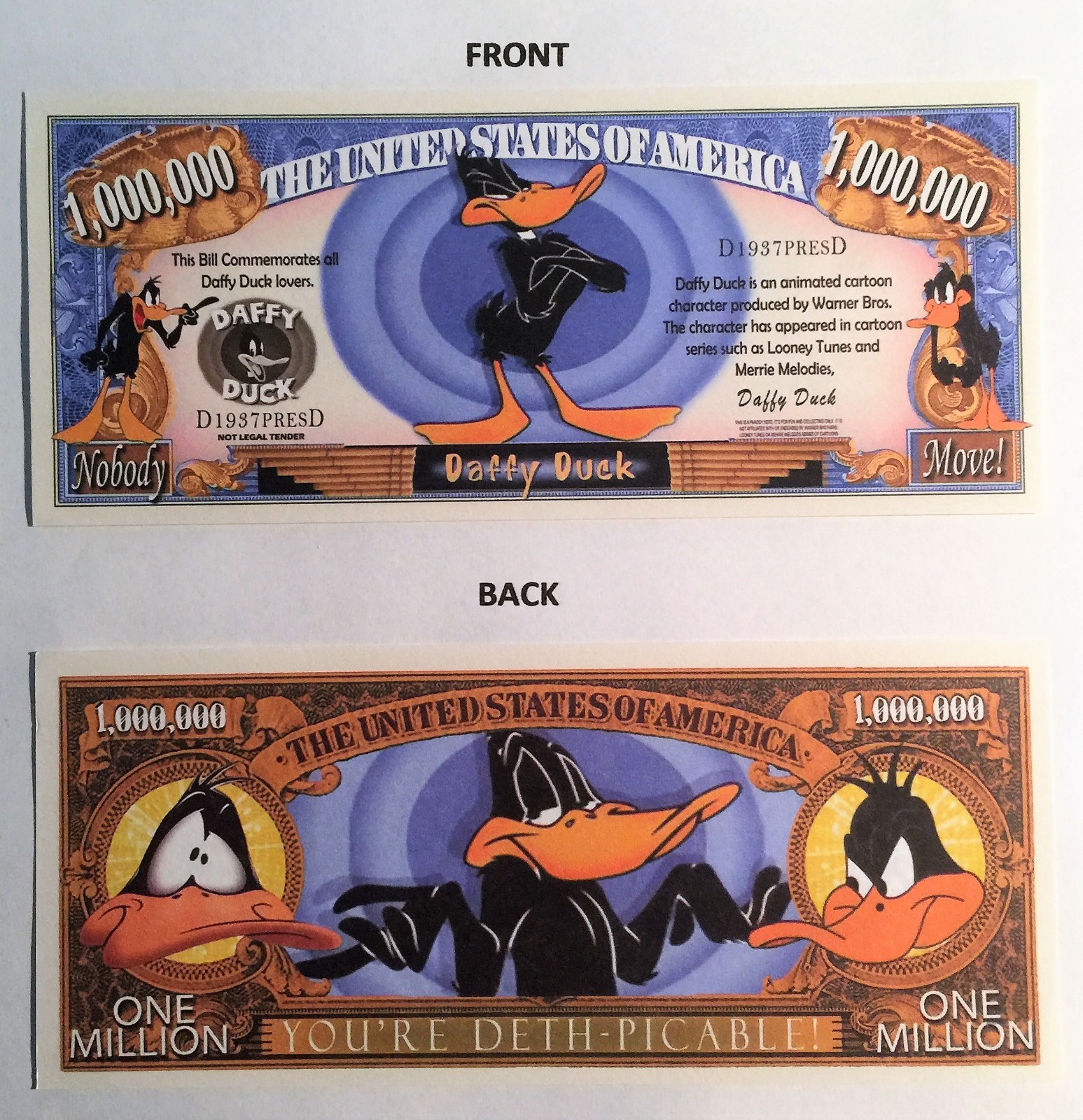 RARE: Daffy Duck $1,000,000 Novelty Note, Cartoons Buy 5 Get one FREE ...