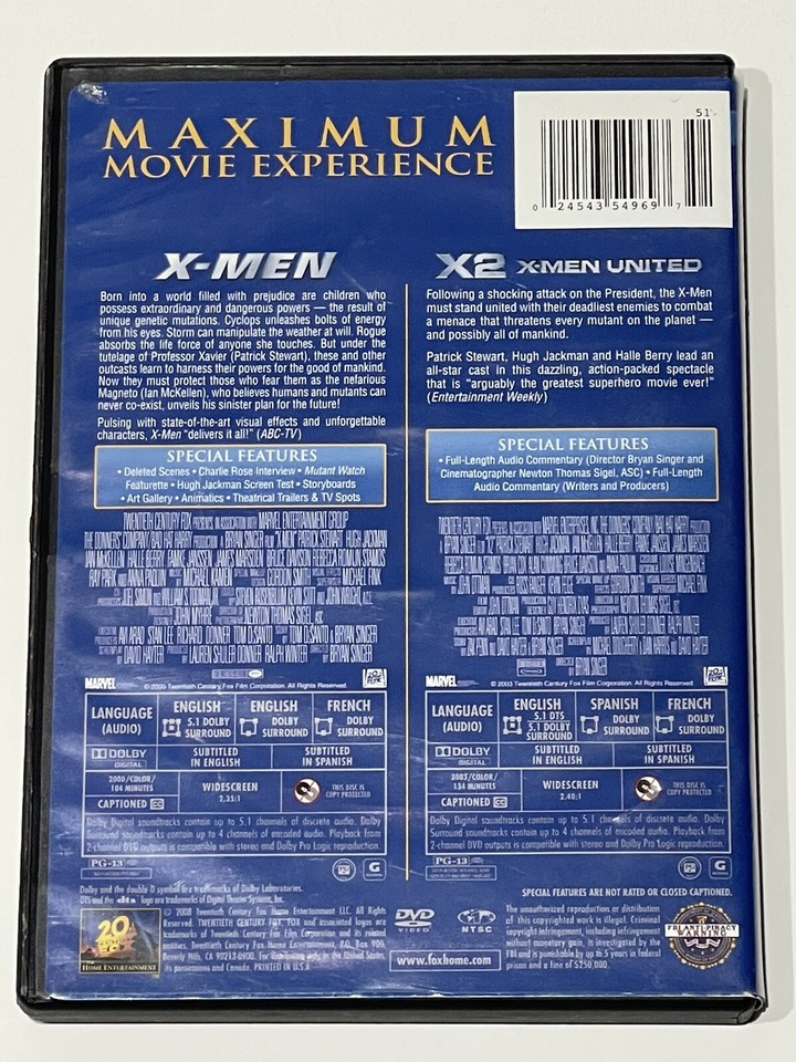 X MEN & X MEN 2 : X-MEN UNITED (DOUBLE FEATURE 2-DVD SET) | eBay