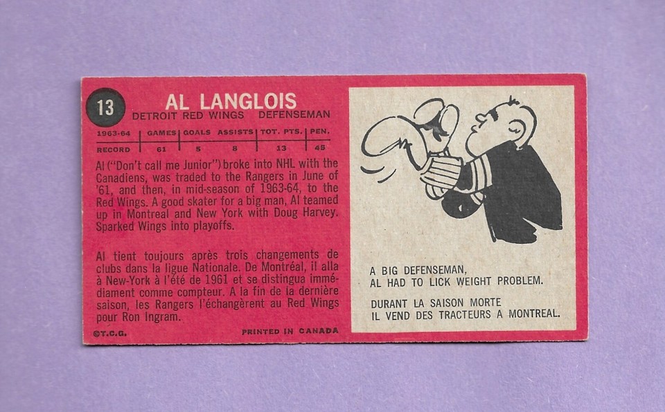 64-65 Topps TALL BOY Card # 13 AL LANGLOIS DETROIT RED WINGS SHARP! | eBay