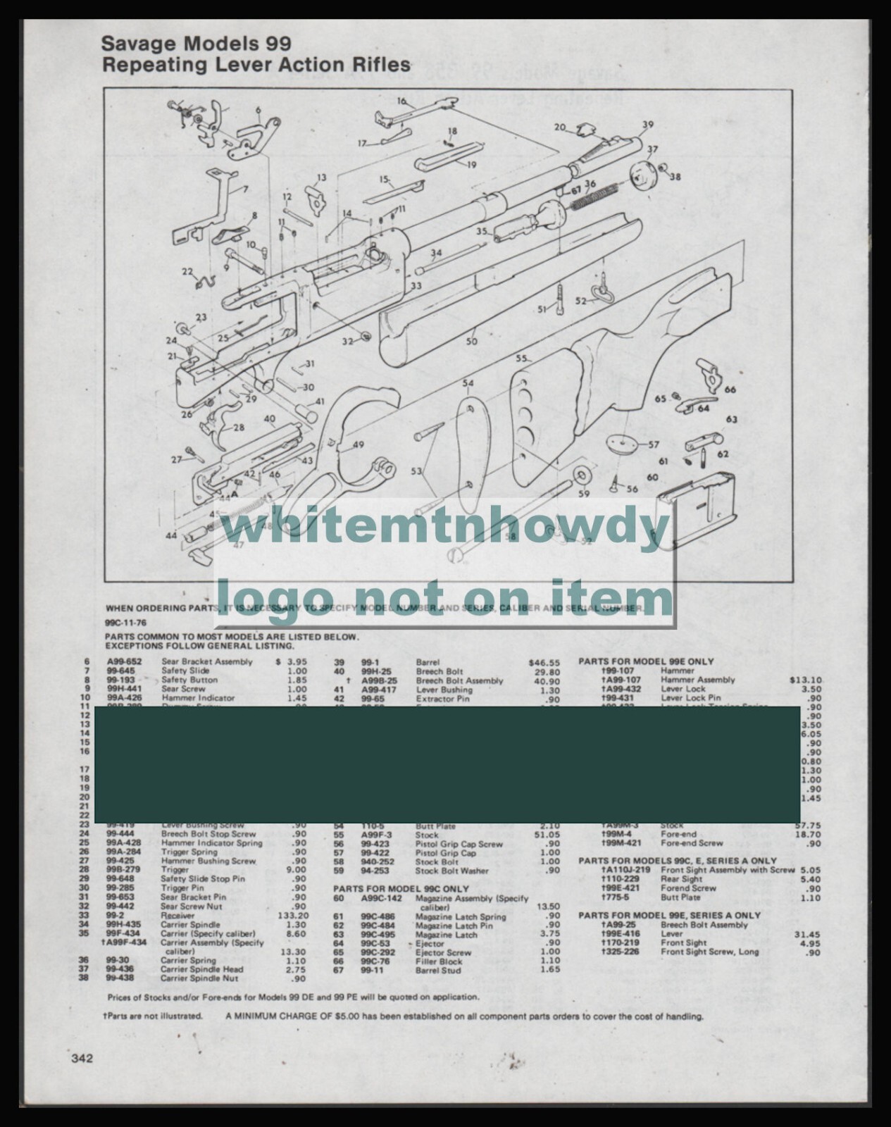 SAVAGE Model 99 Repeating Lever Action Rifle .358 Series A Schematic ...