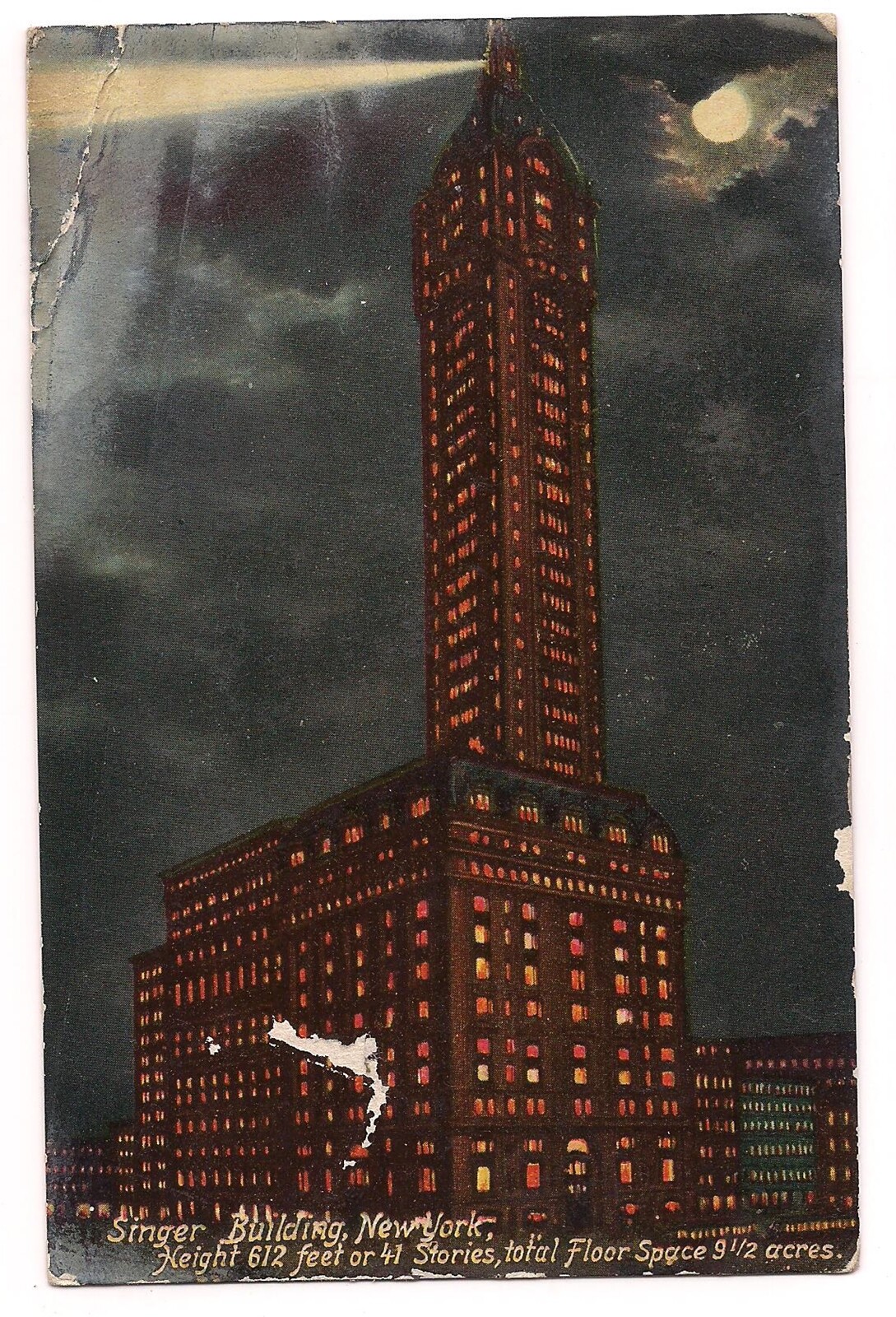 SINGER BUILDING at Night Spotlight 9.5 ACRES New York City Postcard NY ...