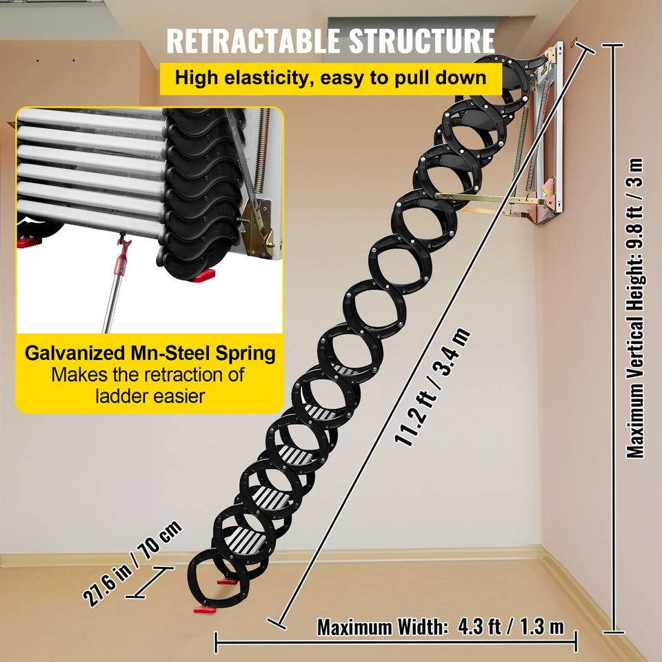 9.8ft Attic Ladder 12 Steps 660Lbs Steps Stairs Wall Mounted Loft ...