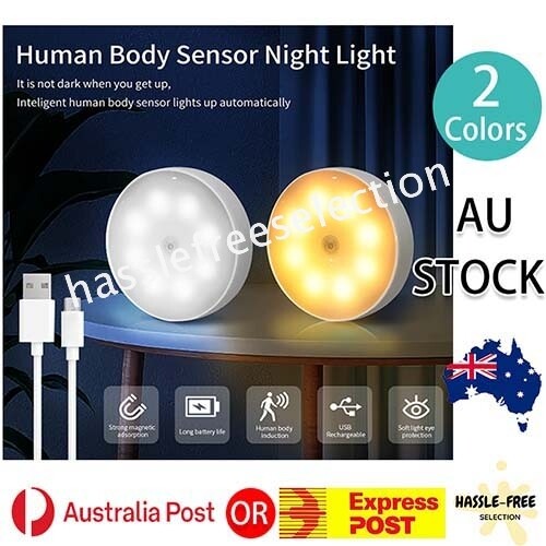 Round Motion Sensor Night Light Lamp Wall USB Rechargeable Cabinet ...