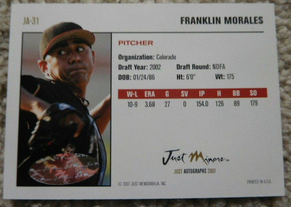 RARE Franklin Morales Auto Autographed Signed 2007 Just Card Rockies ...