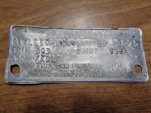 1959 Chevy El Camino Cowl Tag | eBay