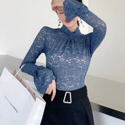 Women Lace Mesh T-shirts Blouse Top Sheer Floral Flared Long Sleeve ...