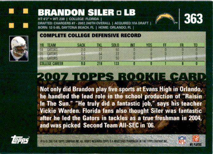2007 Topps #363 Brandon Siler San Diego Chargers RC Rookie | eBay