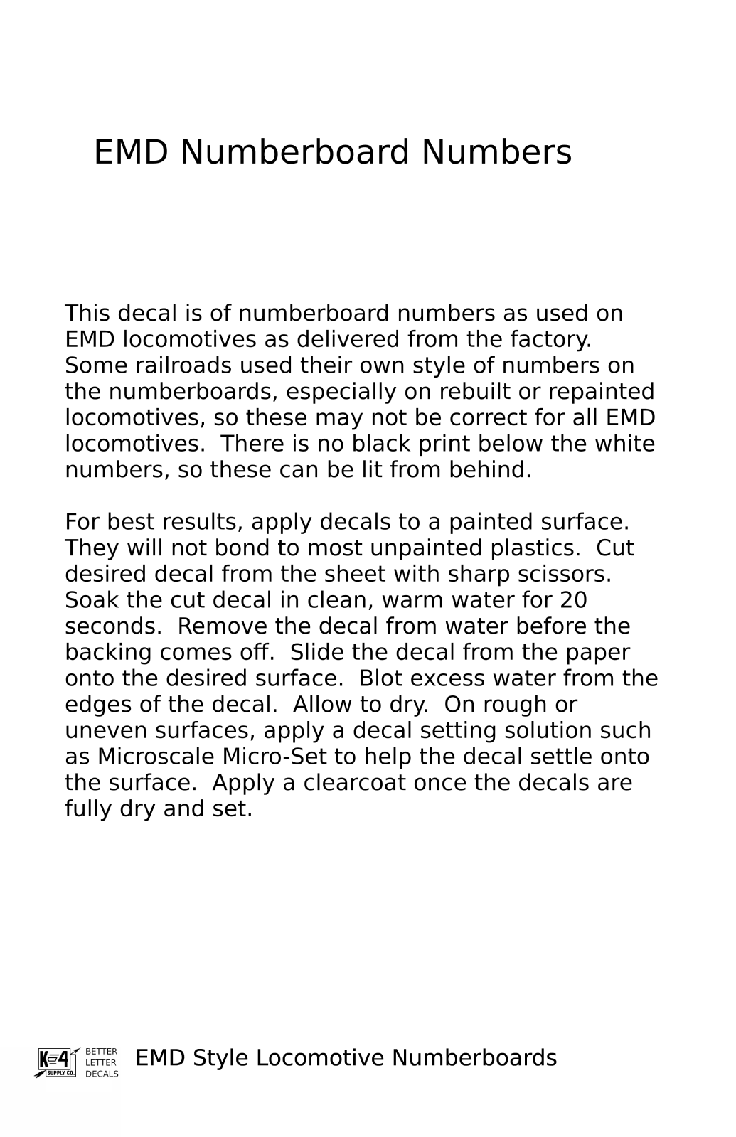 K4 HO Scale Decals EMD Locomotive Number Board Numbers White Black ...