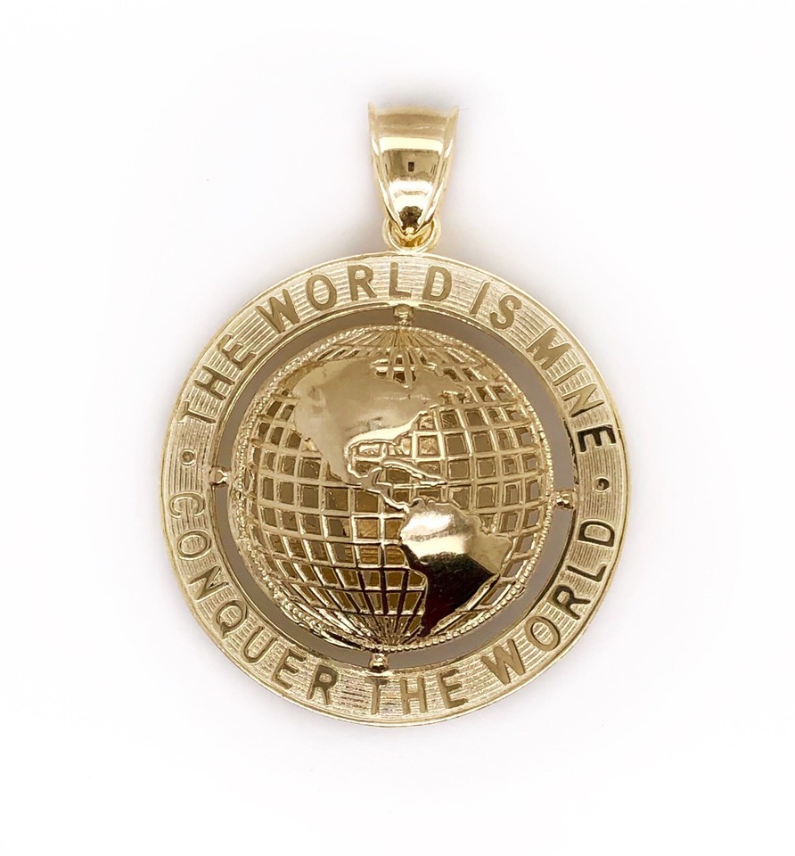 10K Yellow Gold Round Globe Planet Earth World Map Two Sided Pendant 1. ...