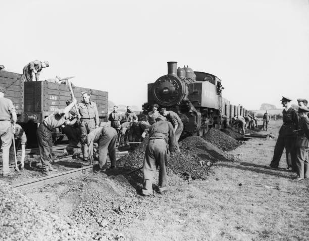 British soldiers laying railway track in English midlands 1942 OLD ...