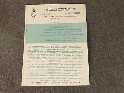 The Green Mountain Inn Menu Stowe Vermont VT 1961 1960's Vintage Vtg | eBay