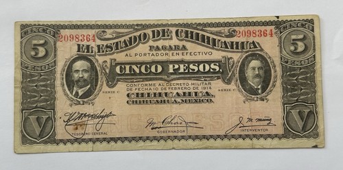 1915 Mexico Revolutionary 5 Pesos El Estado De Chihuahua Banknote Paper ...