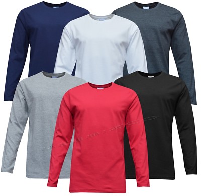 Mens Long Sleeve Plain T-shirt 100% Cotton Premium Casual Tee Small ...