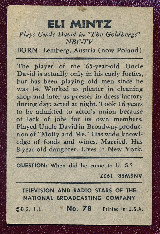 1953 Bowman NBC TV Radio Stars of NBC #78 Eli Mintz Sharp Card No ...
