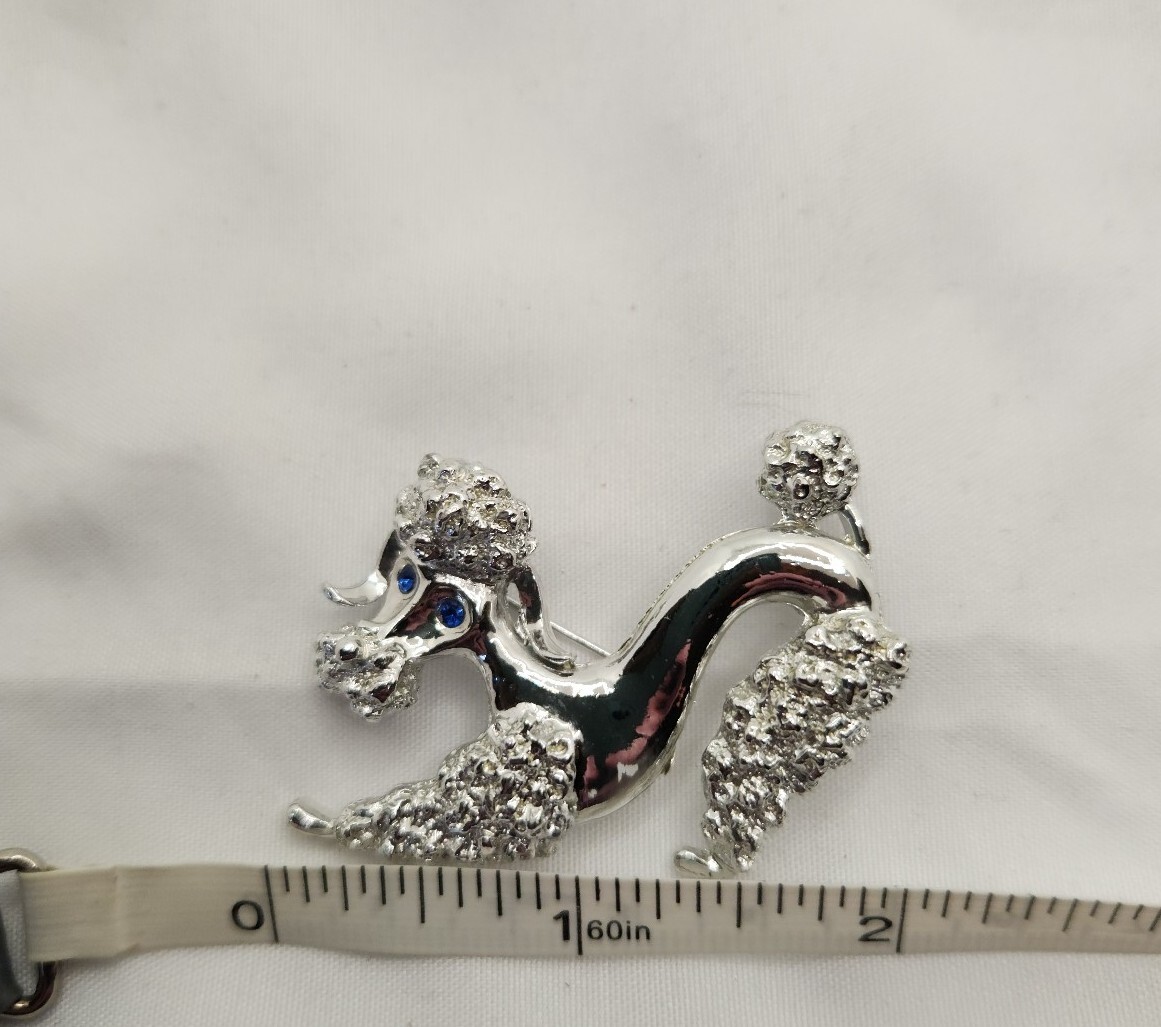 Vintage GERRYS Poodle Dog Pin Silver Tone Blue Gem Rhinestone Eyes ...