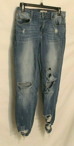CELLO JEANS WOMAN SIZE 9 MEDIUM BLUE DESTROYED CROP DENIM WHISKER FADE ...