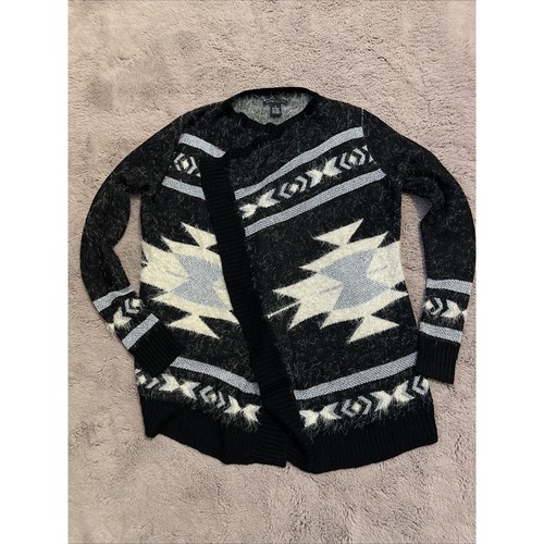 BCBG Cardigan Sweater Top Aztec Knit Open Drape Front Black Silver Long ...