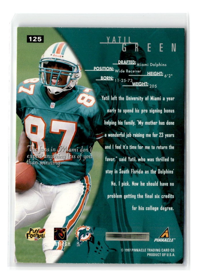 1997- Pinnacle Inside-#125-Yatil Green RC-Miami Dolphins | eBay