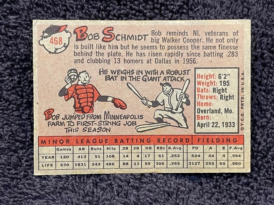 VINTAGE 1958 Topps #468 Bob Schmidt Card, San Francisco Giants, NM+ ...