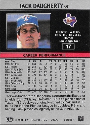 1991 Leaf Jack Daugherty 17 Texas Rangers Baseball Vintage | eBay