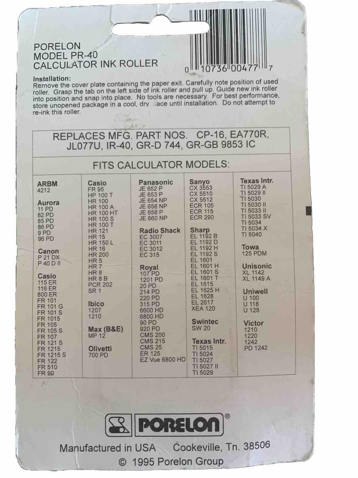 Porelon Calculator Ink Roller Model PR-40 Fits Casio Texas Royal ...
