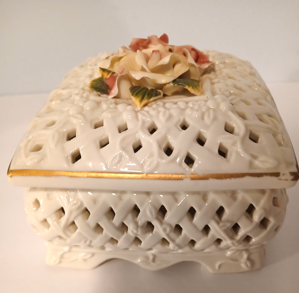 VTG Porcelain Reticulated Jewelry/Trinket Box w/ Floral Lid READ | eBay