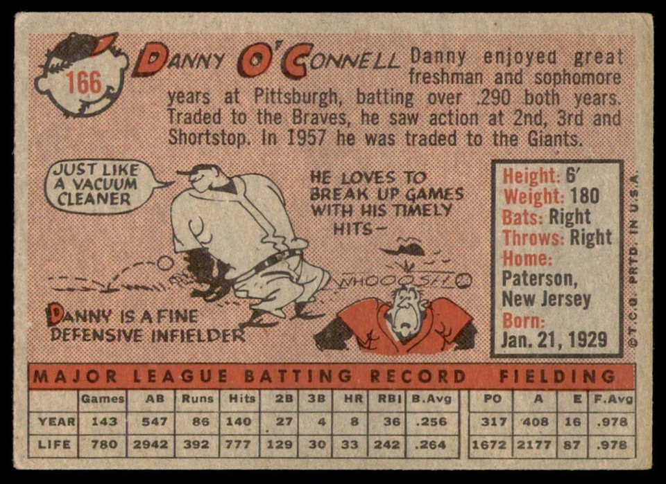 1958 Topps #166 DANNY O'CONNELL San Francisco Giants VG-VG/EX | eBay