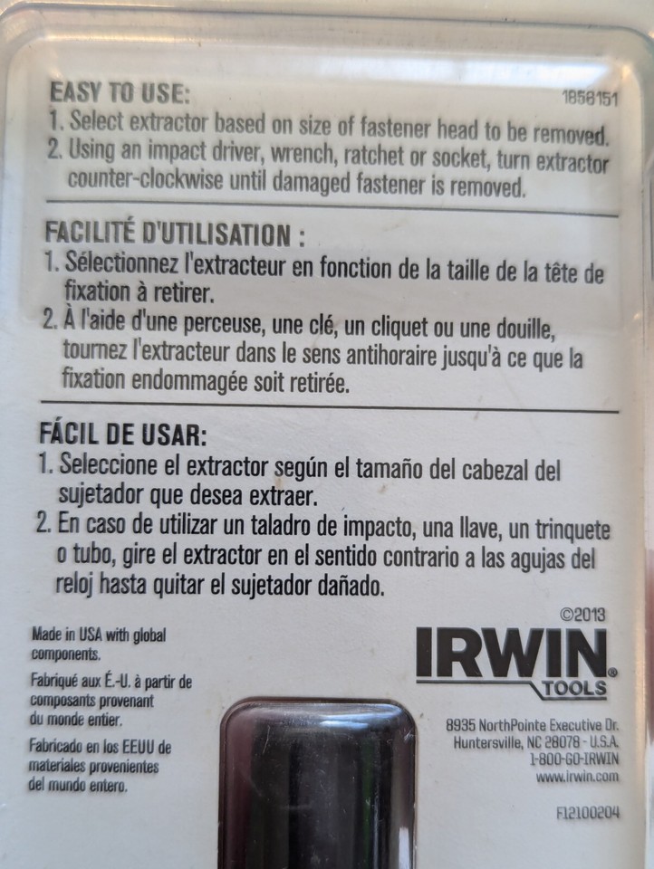 New Irwin Bolt Grip 1859120 3/8" IMPACT DEEP WELL EXTRACTOR Nut Screw ...