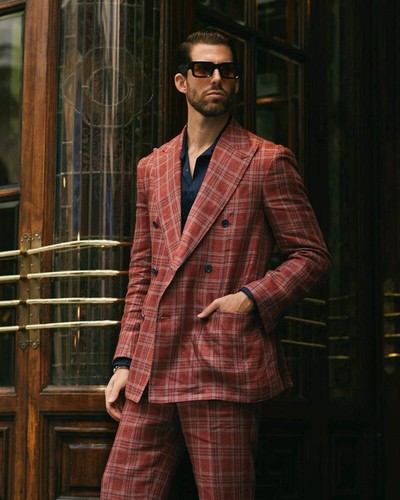 Men's Fashion Red Plaid Suits 2 Piece Double-Breasted Business Wedding ...