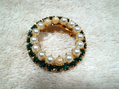 Vintage Circle Pin, Gold Tone Metal, Faux Pearls, Green Crystals, Prong ...