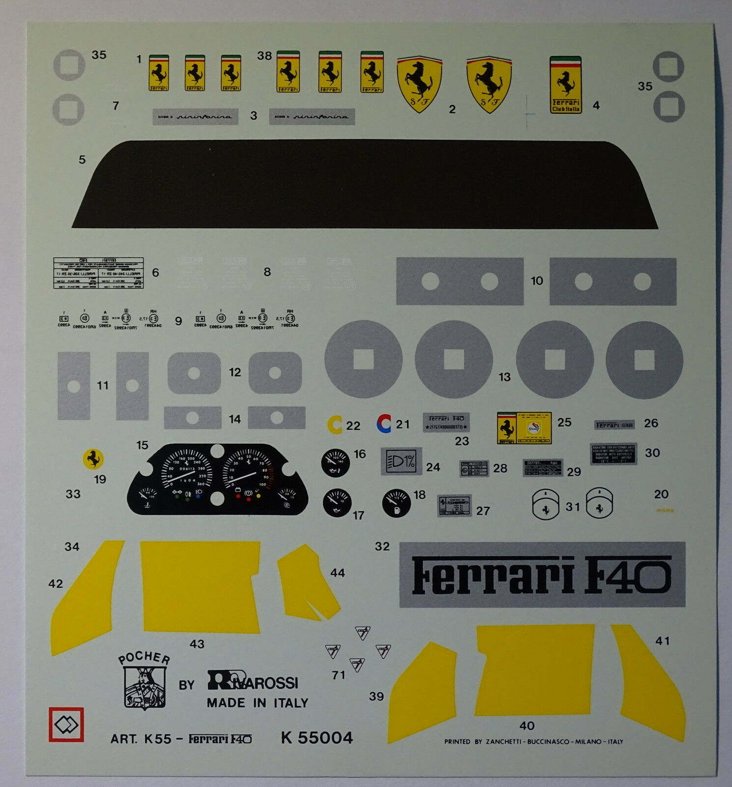 Pocher 1:8 Ferrari Aufkleber Set Speedometer F40 etc neu gelb Decals ...