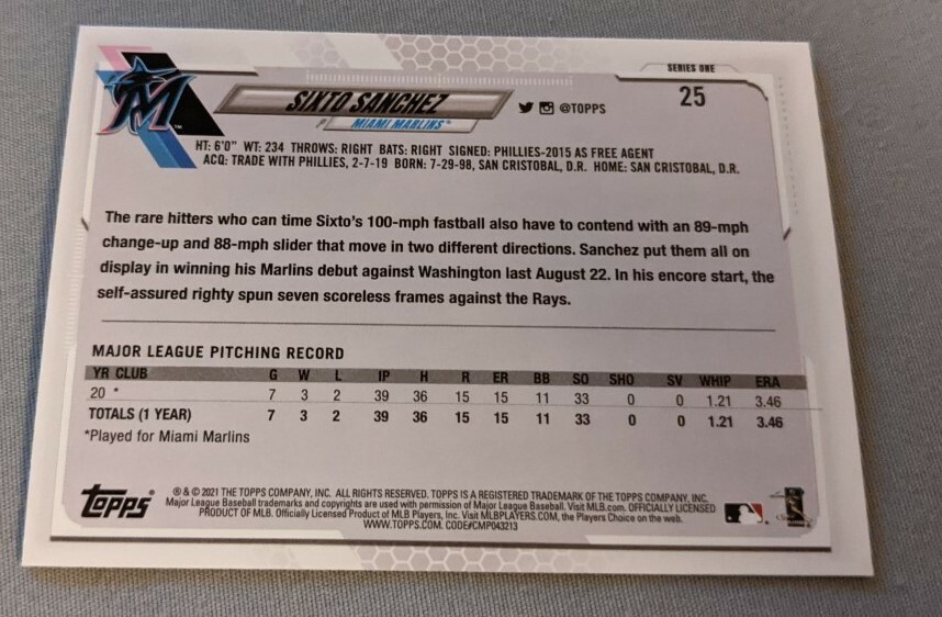 2021 Topps Series One Sixto Sanchez RC Rookie Card Miami Marlins | eBay