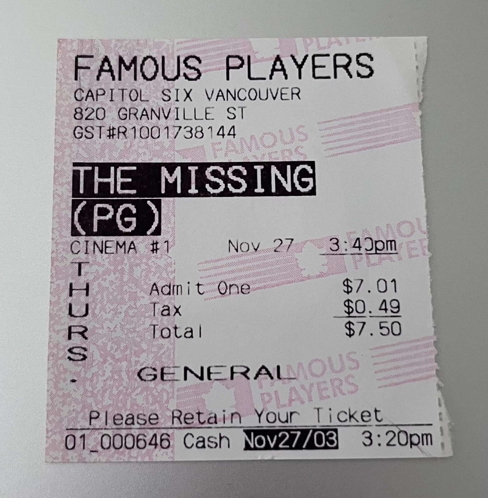 The Missing Movie Ticket 11-27-2003 Tommy Lee Jones Cate Blanchett Val ...