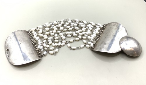 Sterling Silver 15 Multi Chain strand Real Pearls Wide 7” Mesh Bracelet ...