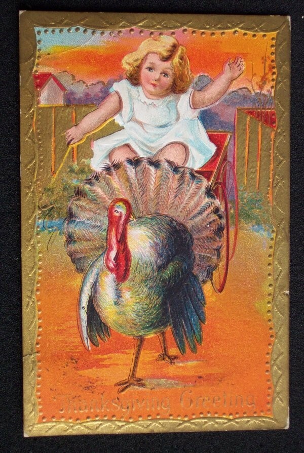 1909 Thanksgiving Turkey Pulling Girl in Wagon Embossed Postcard | eBay
