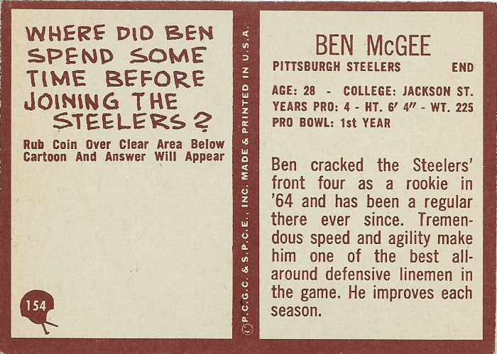 1967 Philadelphia Football #154 Ben McGee Pittsburgh Steelers | eBay