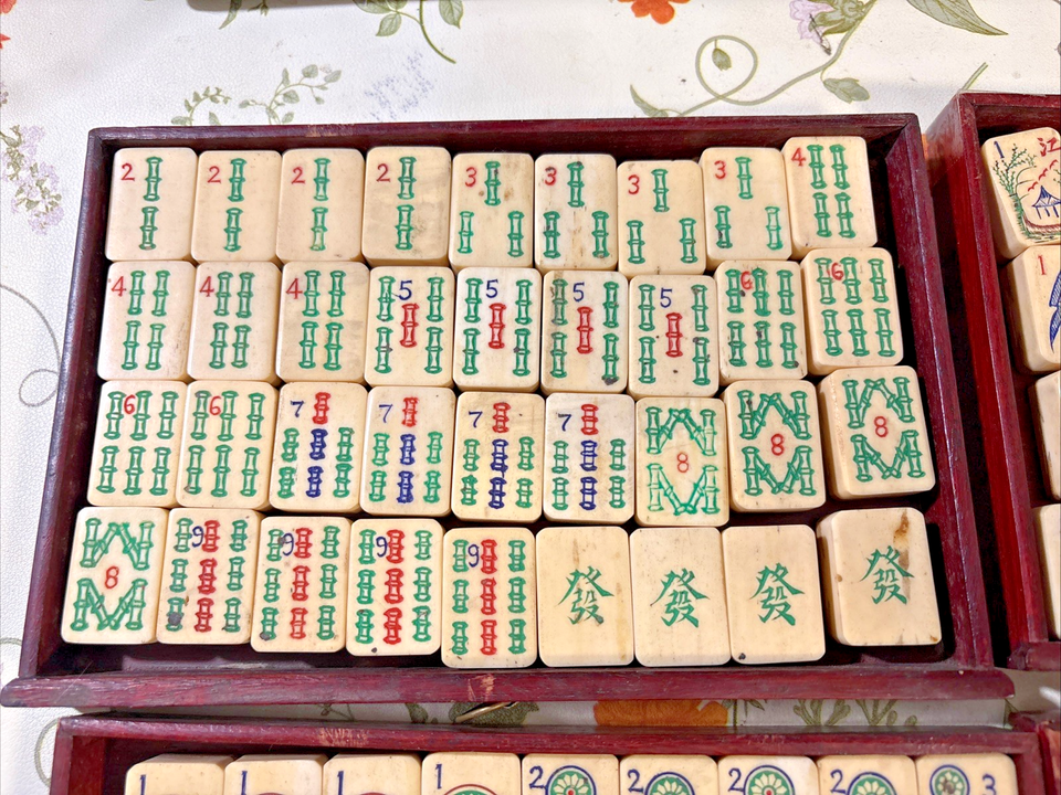 Antique Mahjong Bone & Bamboo tiles/BoneScore-Betting Sticks/RoseWood ...