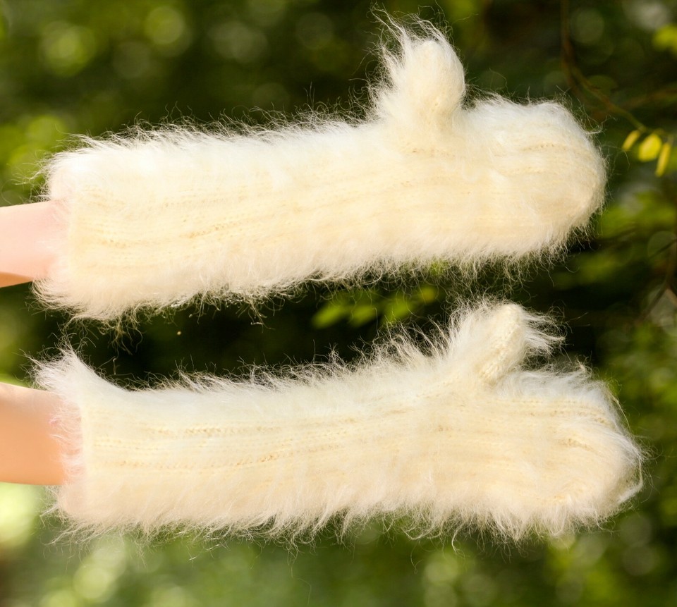 Fuzzy long mohair mittens thick warm handmade soft ski hand warmers ...